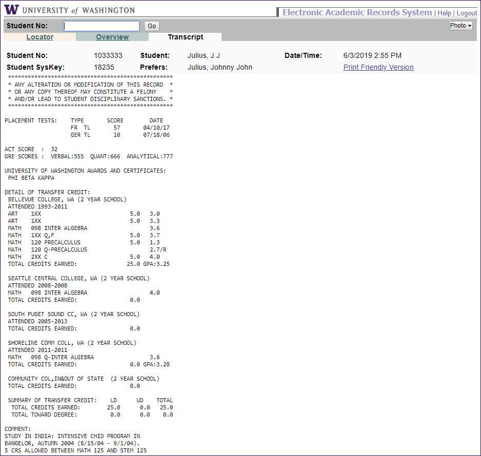 Transcript Screen - Office of the University Registrar